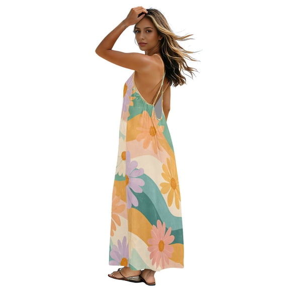 All-Over Print Backless Cross Strap Slip Dress, Loose A-Line Slim Fit ...