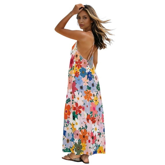 All-Over Print Backless Cross Strap Slip Dress, Loose A-Line Slim Fit ...