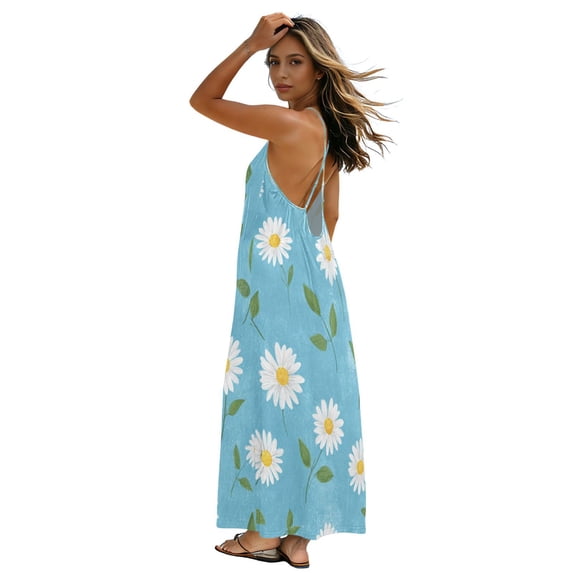 All-Over Print Backless Cross Strap Slip Dress, Loose A-Line Slim Fit ...
