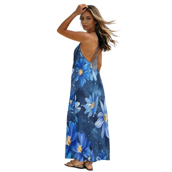 All-Over Print Backless Cross Strap Slip Dress, Loose A-Line Slim Fit ...