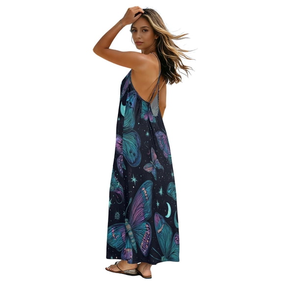 All-Over Print Backless Cross Strap Slip Dress, Loose A-Line Slim Fit ...