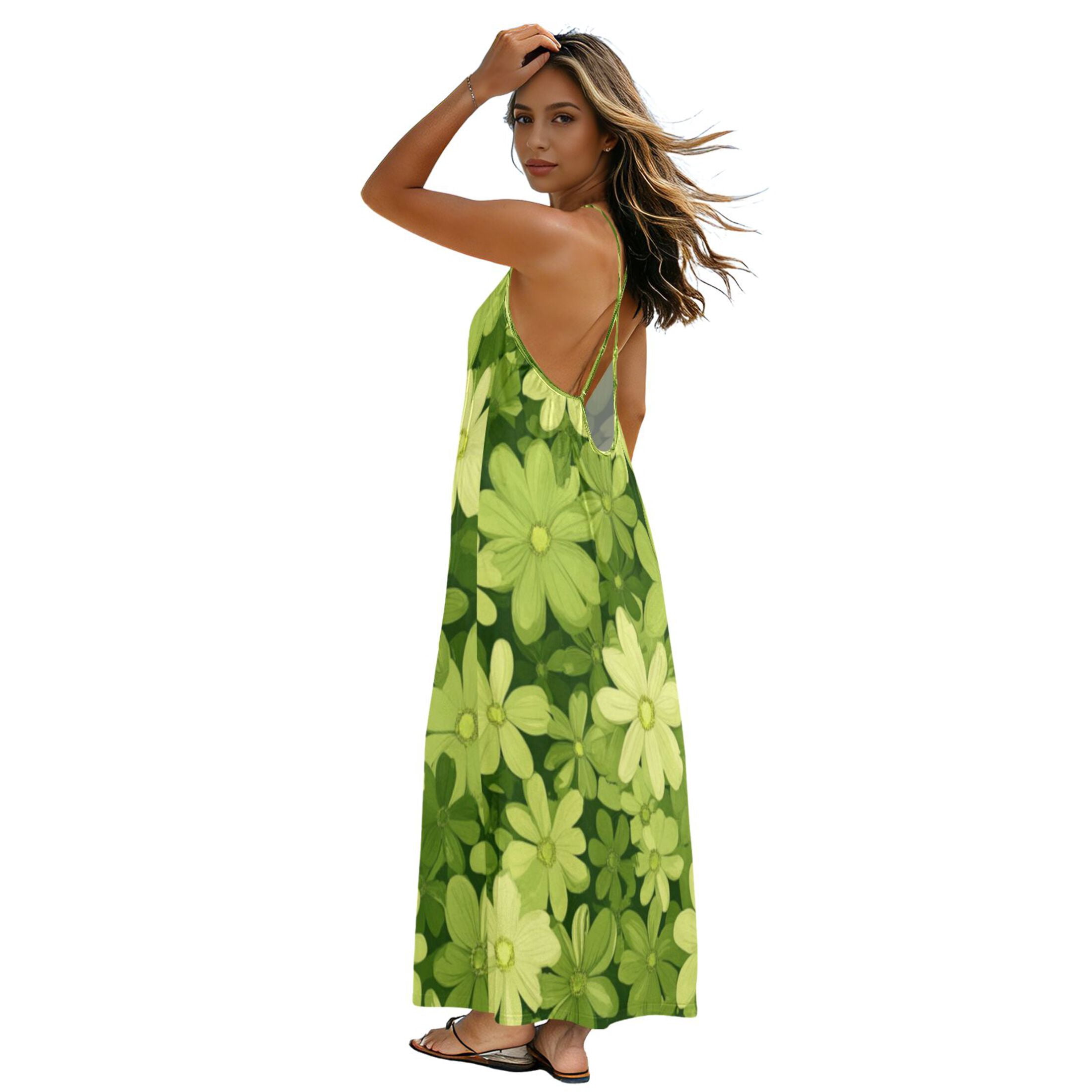 All-Over Print Backless Cross Strap Slip Dress, Loose A-Line Slim Fit ...