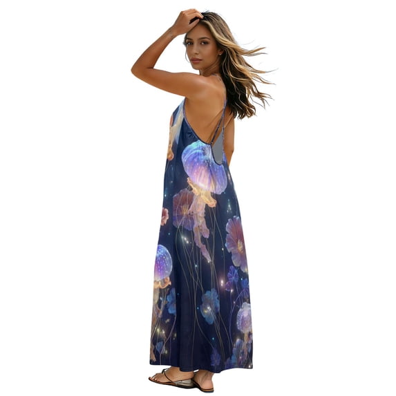 All-Over Print Backless Cross Strap Slip Dress, Loose A-Line Slim Fit ...