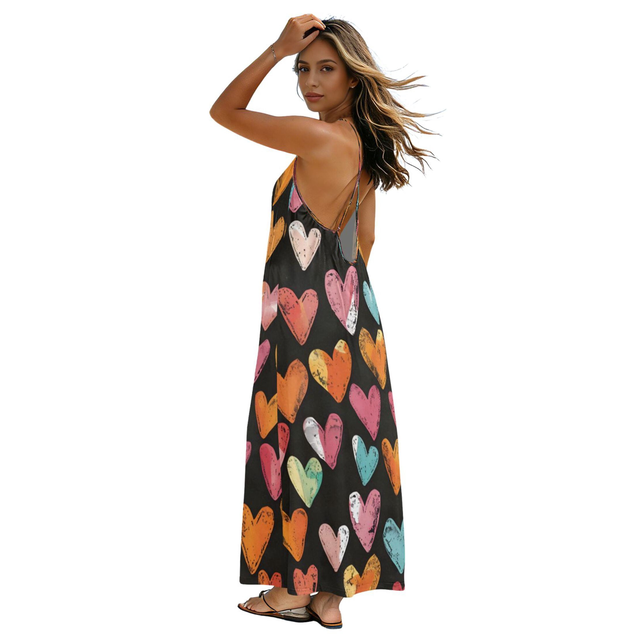All-Over Print Backless Cross Strap Slip Dress, Loose A-Line Slim Fit ...