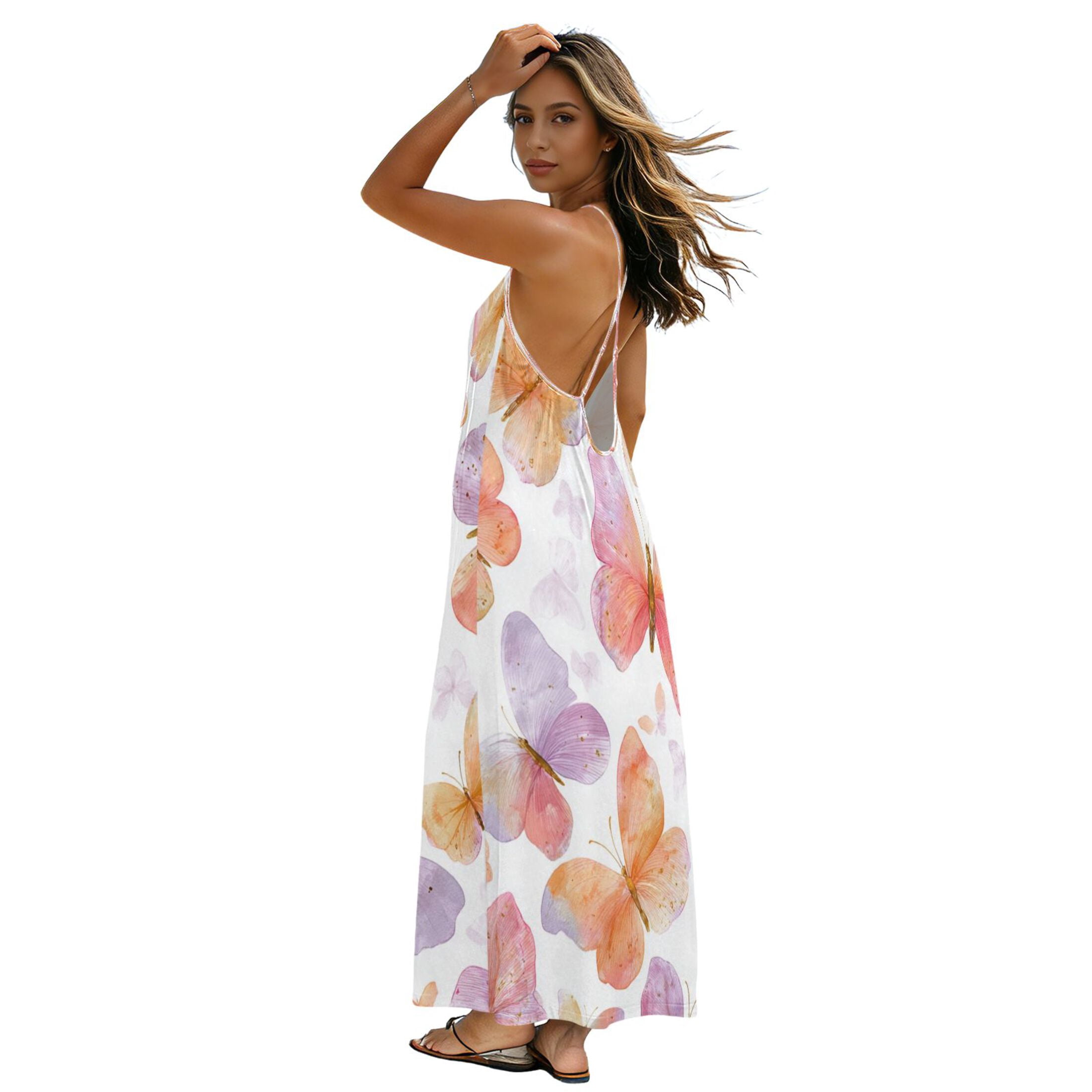 All-Over Print Backless Cross Strap Slip Dress, Loose A-Line Slim Fit ...