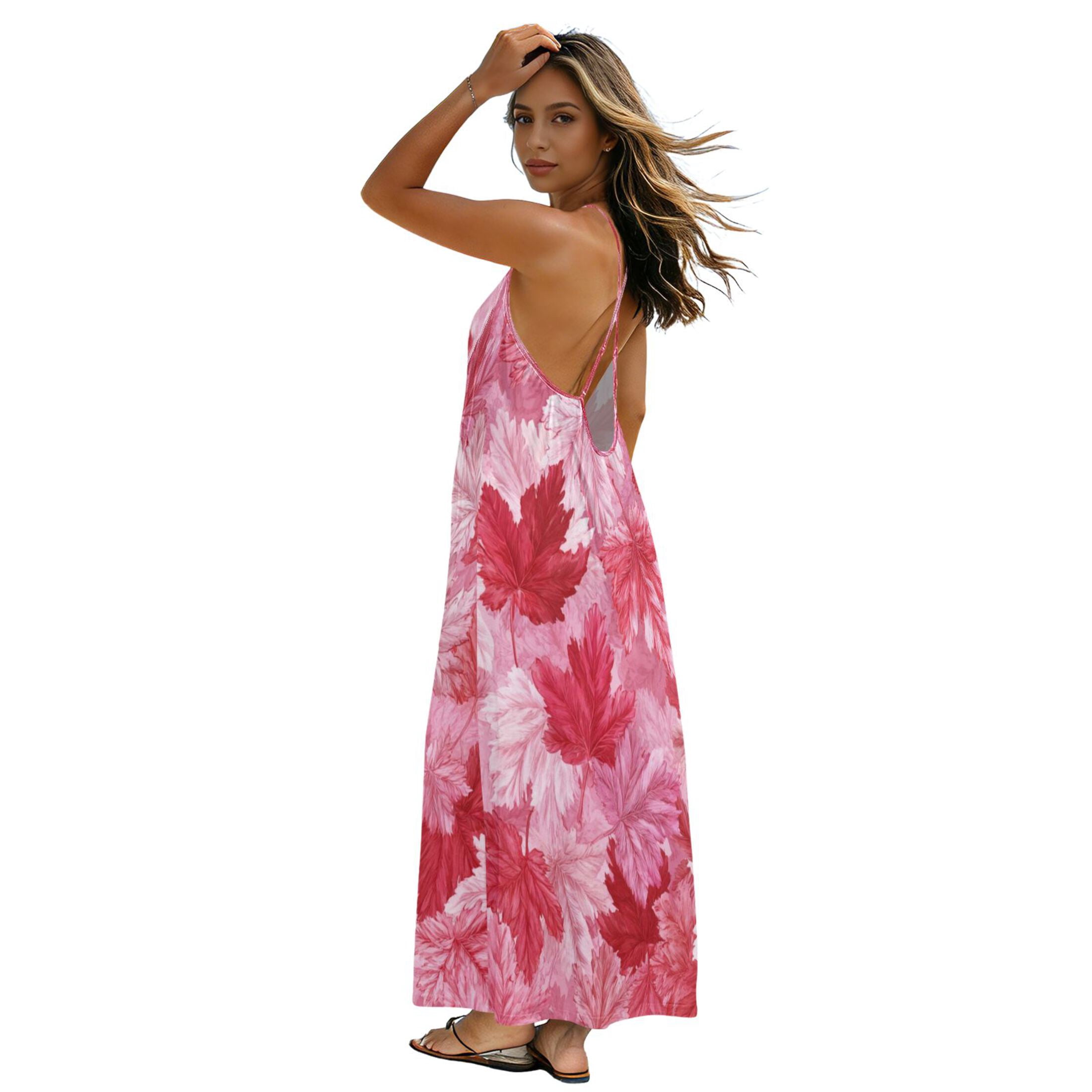 All-Over Print Backless Cross Strap Slip Dress, Loose A-Line Slim Fit ...
