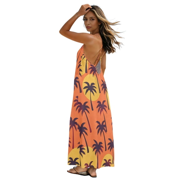 All-Over Print Backless Cross Strap Slip Dress, Loose A-Line Slim Fit ...