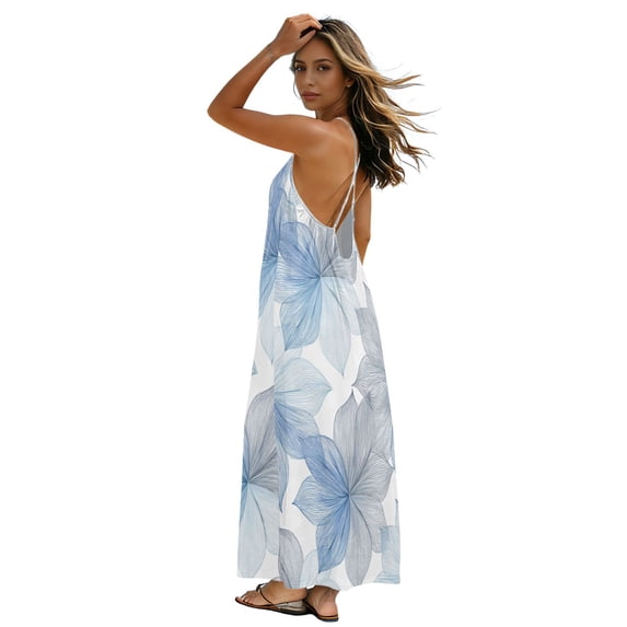 All-Over Print Backless Cross Strap Slip Dress, Loose A-Line Slim Fit ...