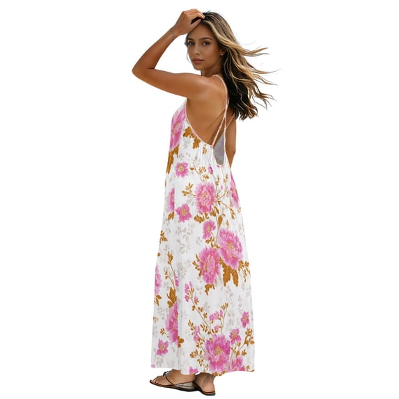 All-Over Print Backless Cross Strap Slip Dress, Loose A-Line Slim Fit ...