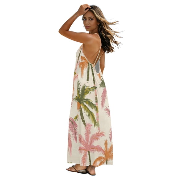 All-Over Print Backless Cross Strap Slip Dress, Loose A-Line Slim Fit ...