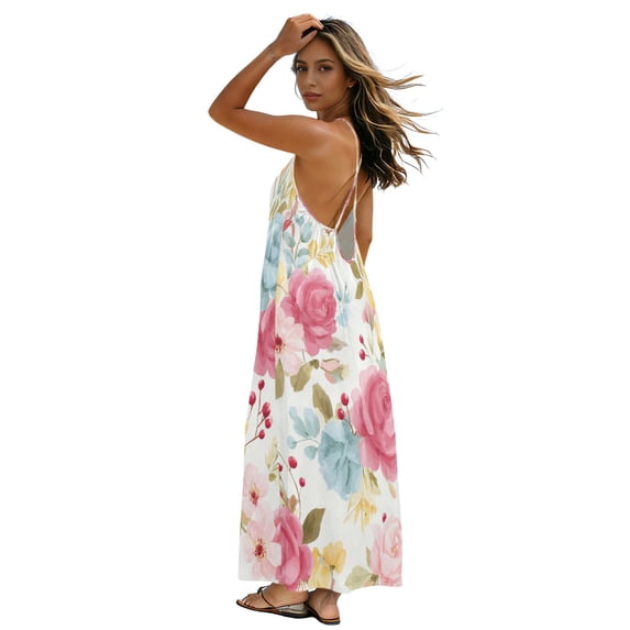 All-Over Print Backless Cross Strap Slip Dress, Loose A-Line Slim Fit ...