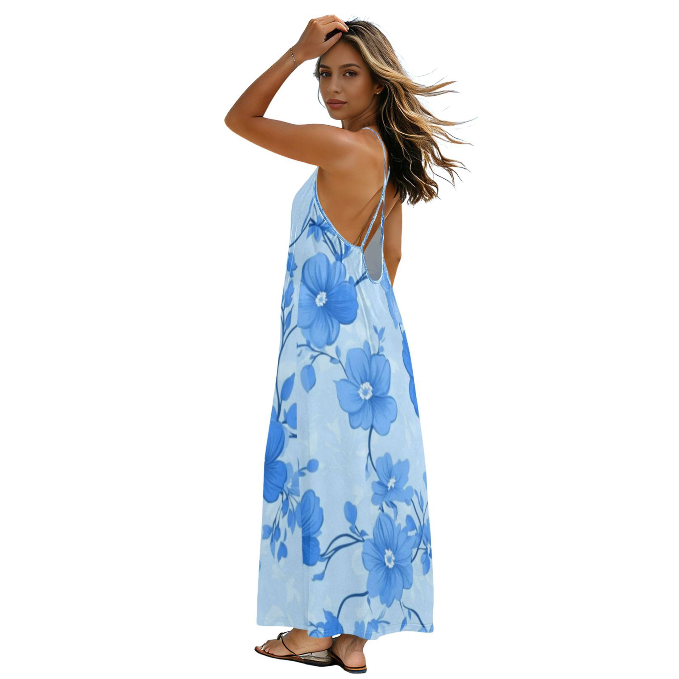 All-Over Print Backless Cross Strap Slip Dress, Loose A-Line Slim Fit ...