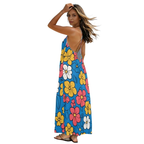All-Over Print Backless Cross Strap Slip Dress, Loose A-Line Slim Fit ...