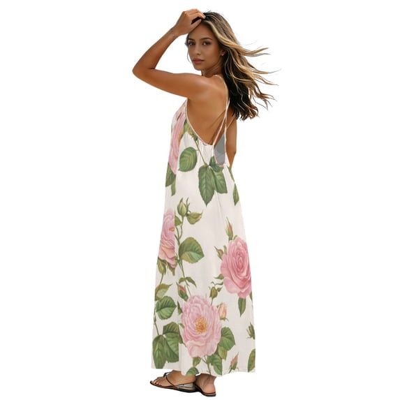 All-Over Print Backless Cross Strap Slip Dress, Loose A-Line Slim Fit ...
