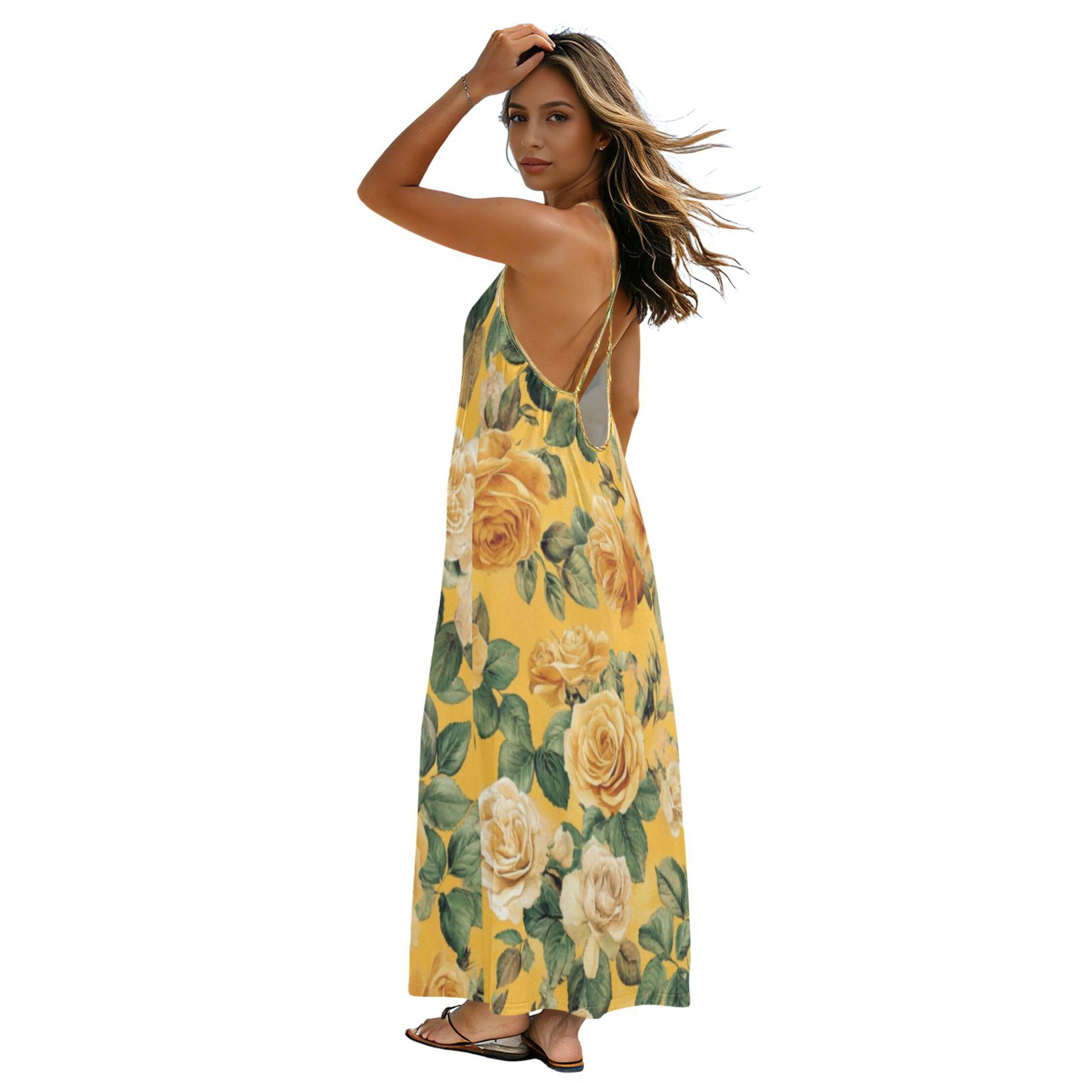 All-Over Print Backless Cross Strap Slip Dress, Loose A-Line Slim Fit ...