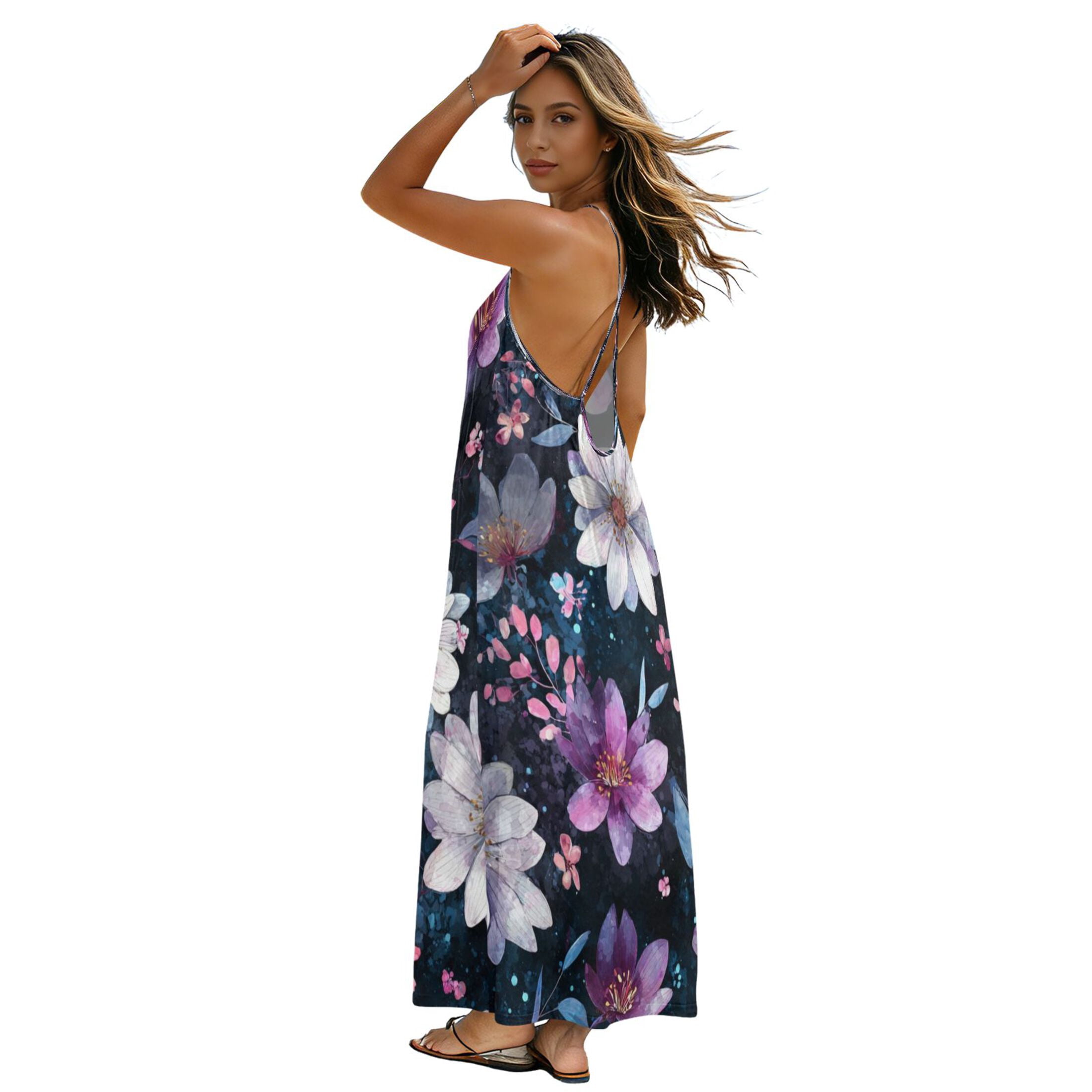 All-Over Print Backless Cross Strap Slip Dress, Loose A-Line Slim Fit ...