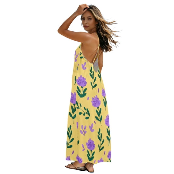 All-Over Print Backless Cross Strap Slip Dress, Loose A-Line Slim Fit ...