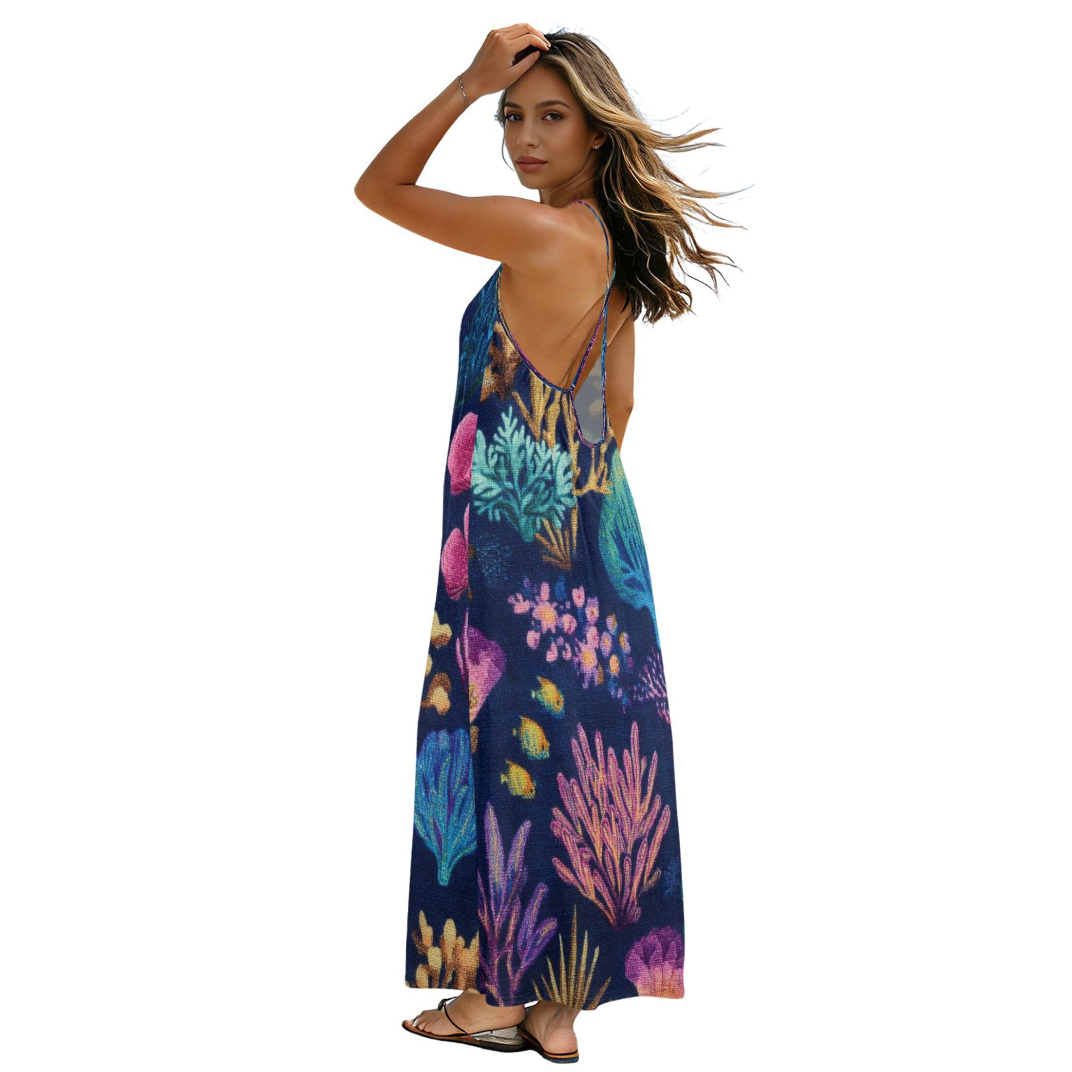 All-Over Print Backless Cross Strap Slip Dress, Loose A-Line Slim Fit ...