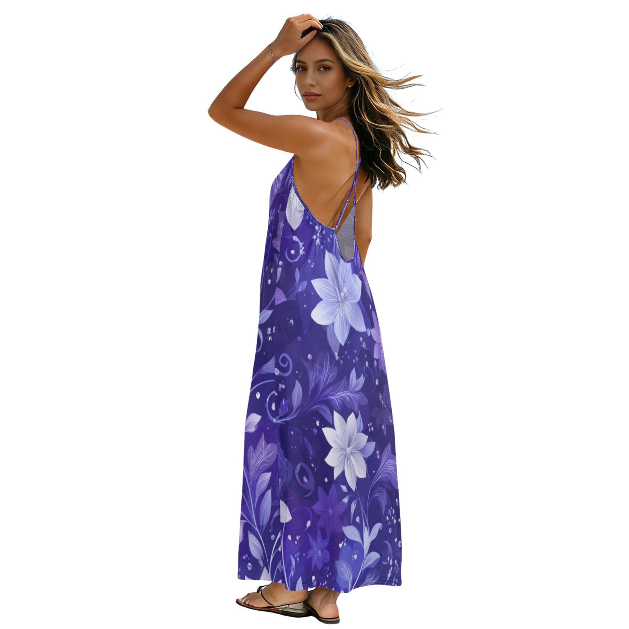 All-Over Print Backless Cross Strap Slip Dress, Loose A-Line Slim Fit ...
