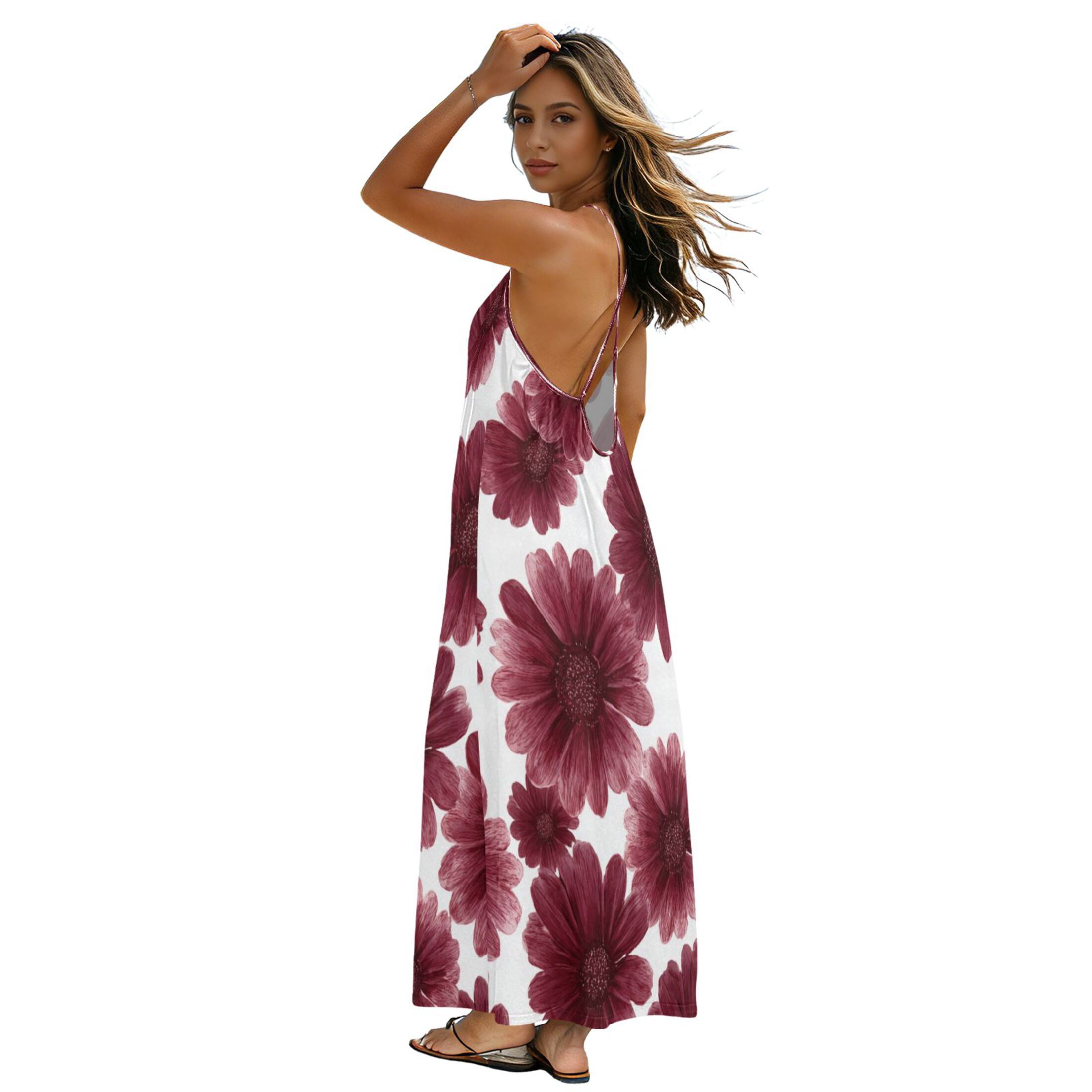 All-Over Print Backless Cross Strap Slip Dress, Loose A-Line Slim Fit ...