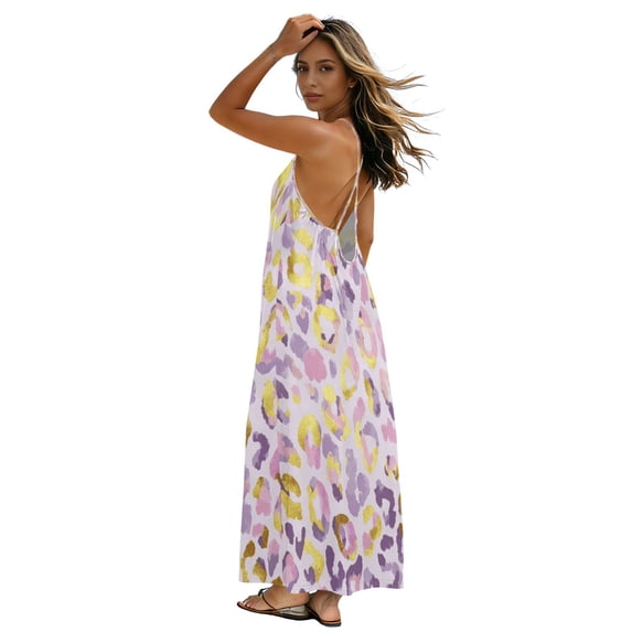 All-Over Print Backless Cross Strap Slip Dress, Loose A-Line Slim Fit ...