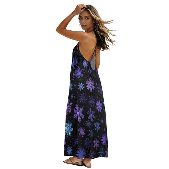 All-Over Print Backless Cross Strap Slip Dress, Loose A-Line Slim Fit ...