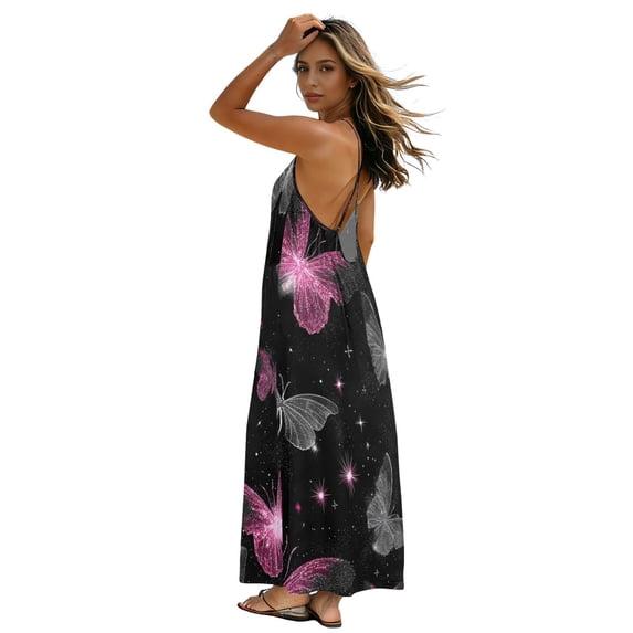All-Over Print Backless Cross Strap Slip Dress, Loose A-Line Slim Fit ...