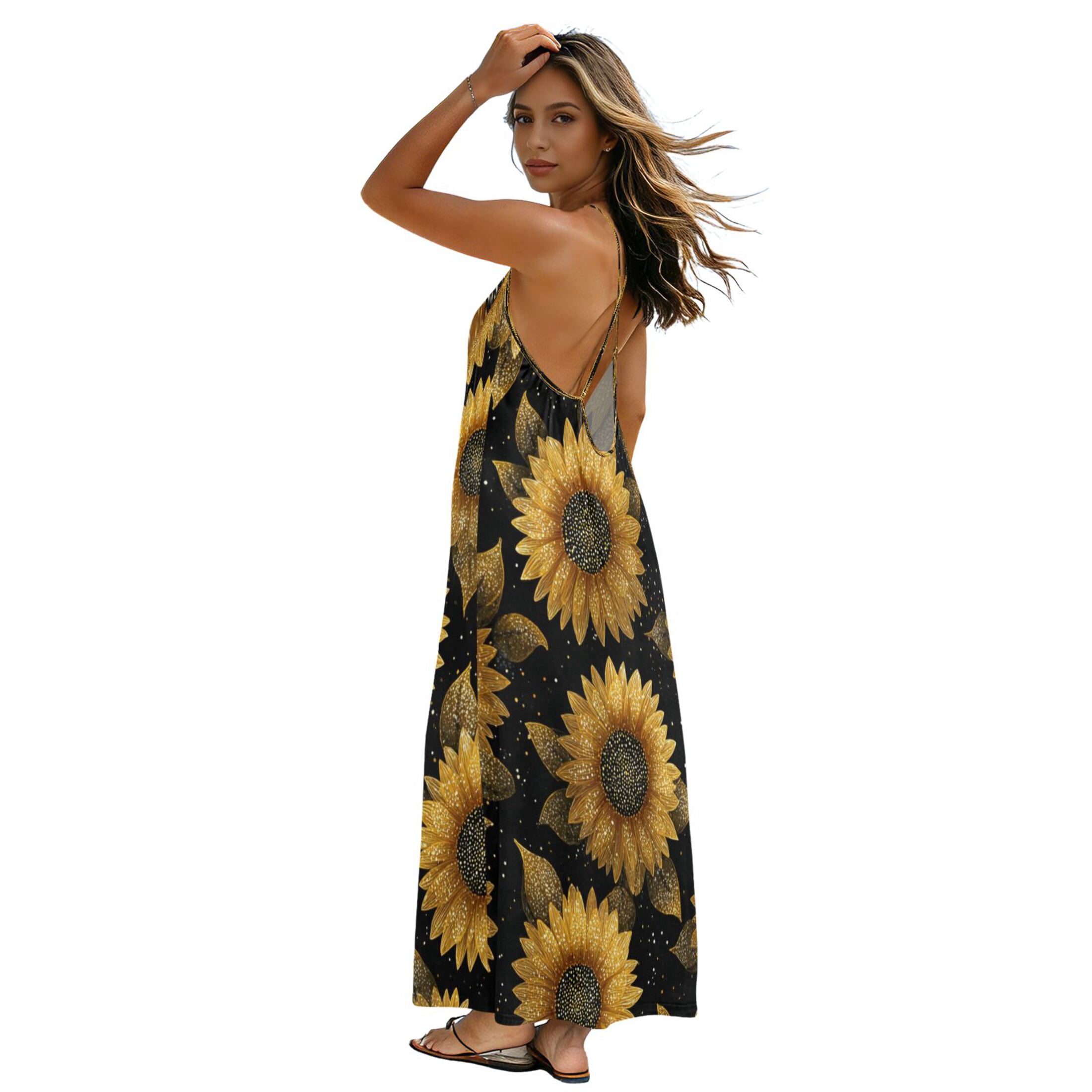 All-Over Print Backless Cross Strap Slip Dress, Loose A-Line Slim Fit ...
