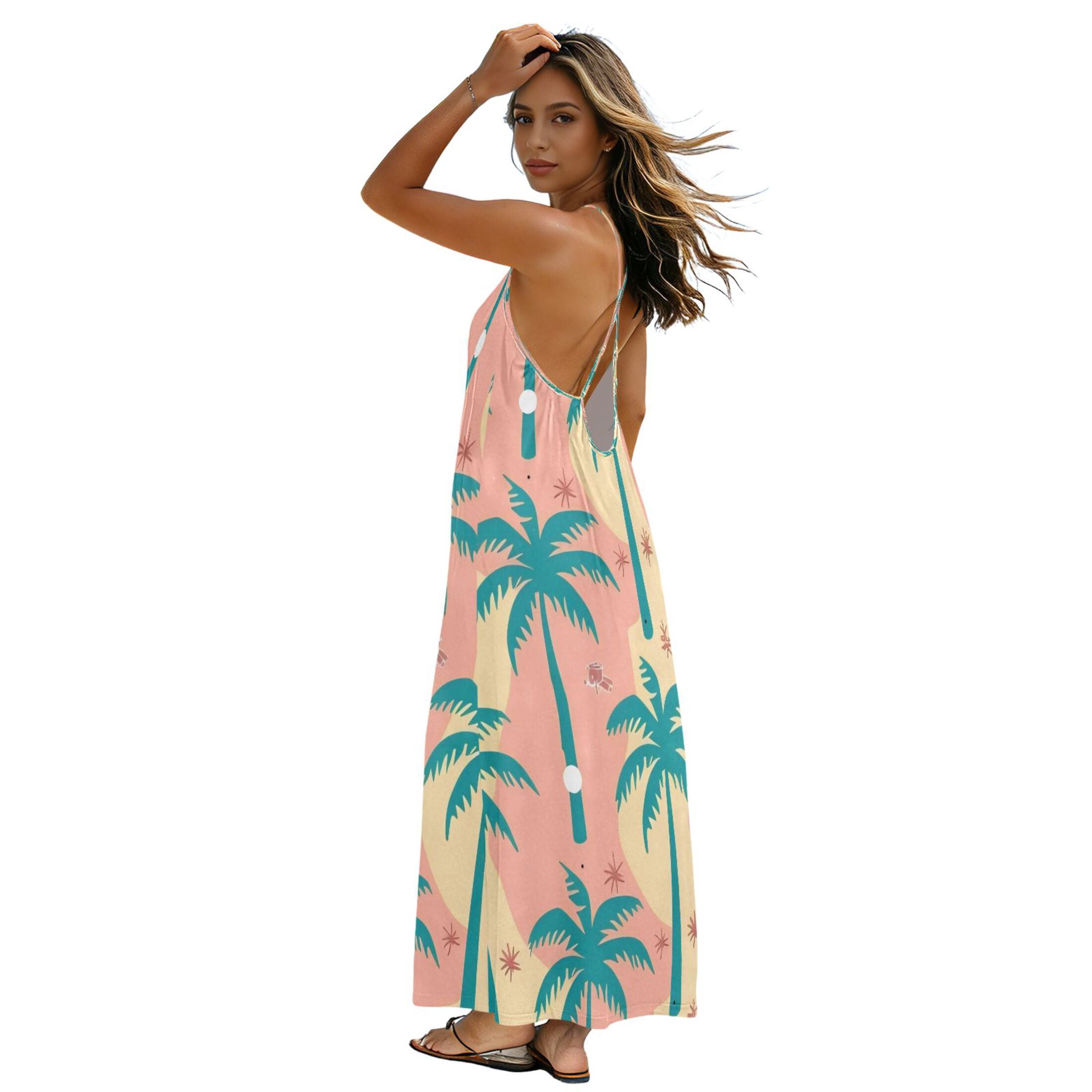 All-Over Print Backless Cross Strap Slip Dress, Loose A-Line Slim Fit ...