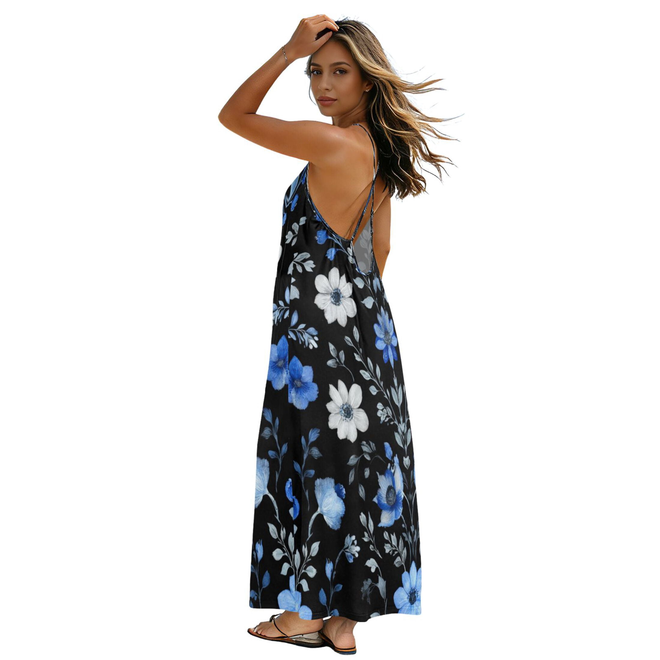 All-Over Print Backless Cross Strap Slip Dress, Loose A-Line Slim Fit ...