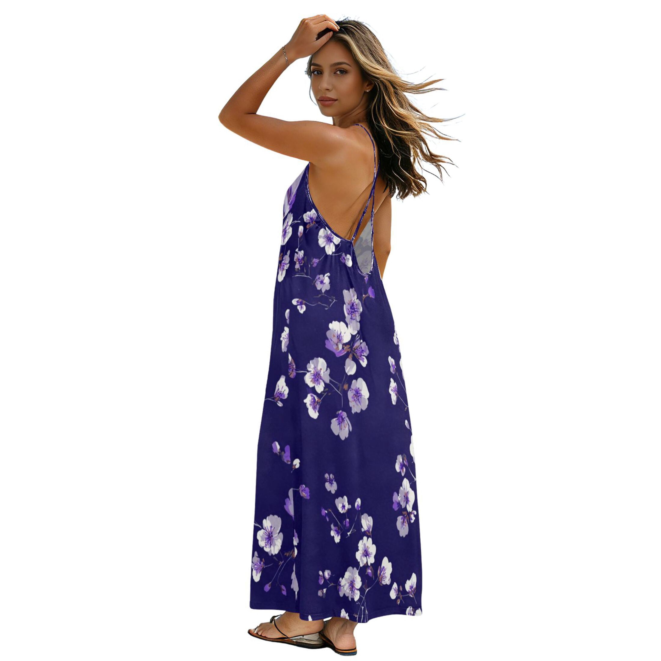 All-Over Print Backless Cross Strap Slip Dress, Loose A-Line Slim Fit ...