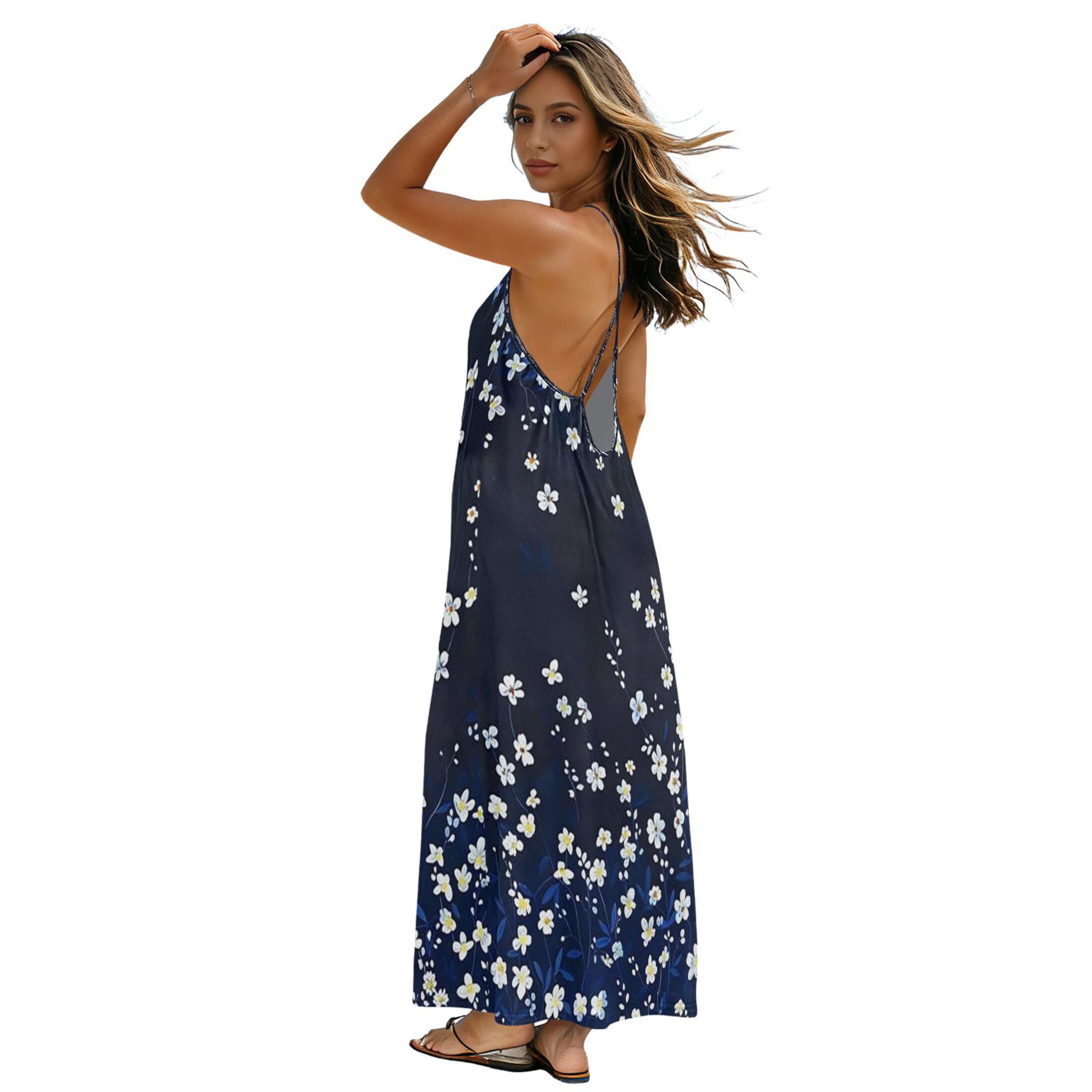 All-Over Print Backless Cross Strap Slip Dress, Loose A-Line Slim Fit ...