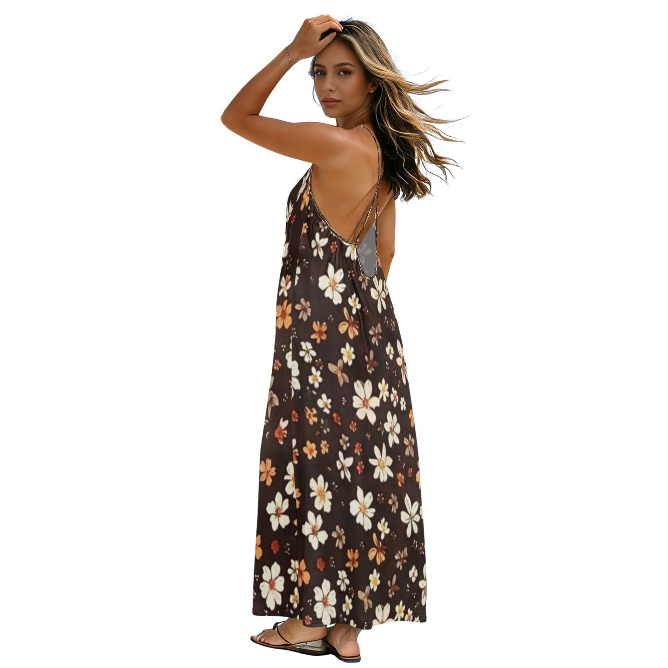 All-Over Print Backless Cross Strap Slip Dress, Loose A-Line Slim Fit ...