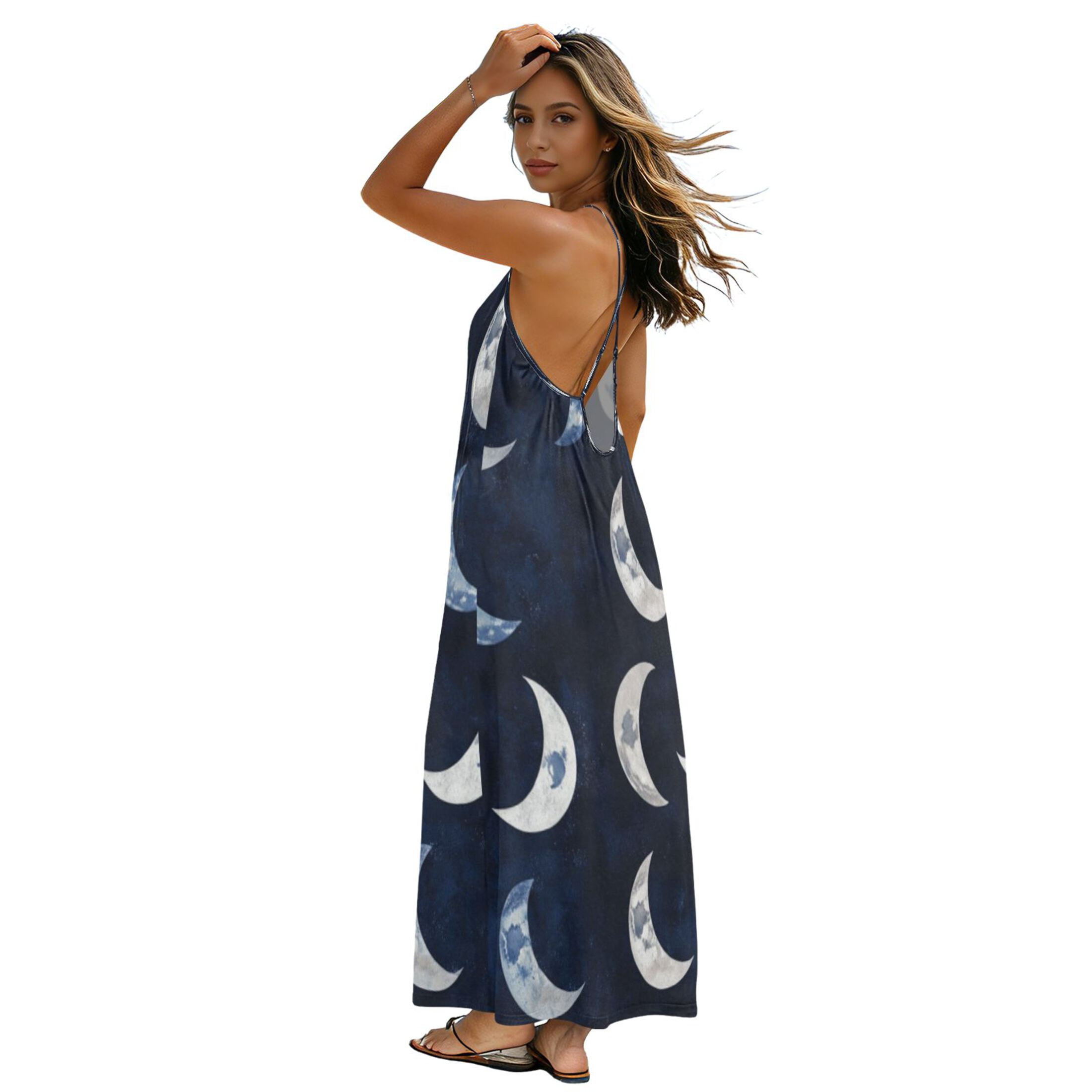 All-Over Print Backless Cross Strap Slip Dress, Loose A-Line Slim Fit ...