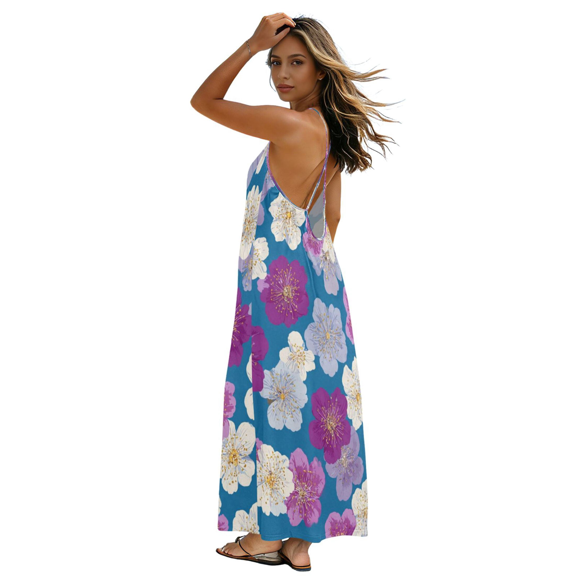 All-Over Print Backless Cross Strap Slip Dress, Loose A-Line Slim Fit ...