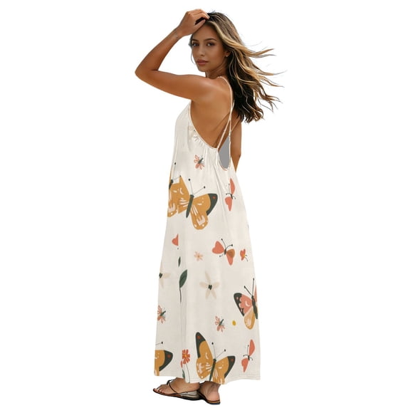 All-Over Print Backless Cross Strap Slip Dress, Loose A-Line Slim Fit ...