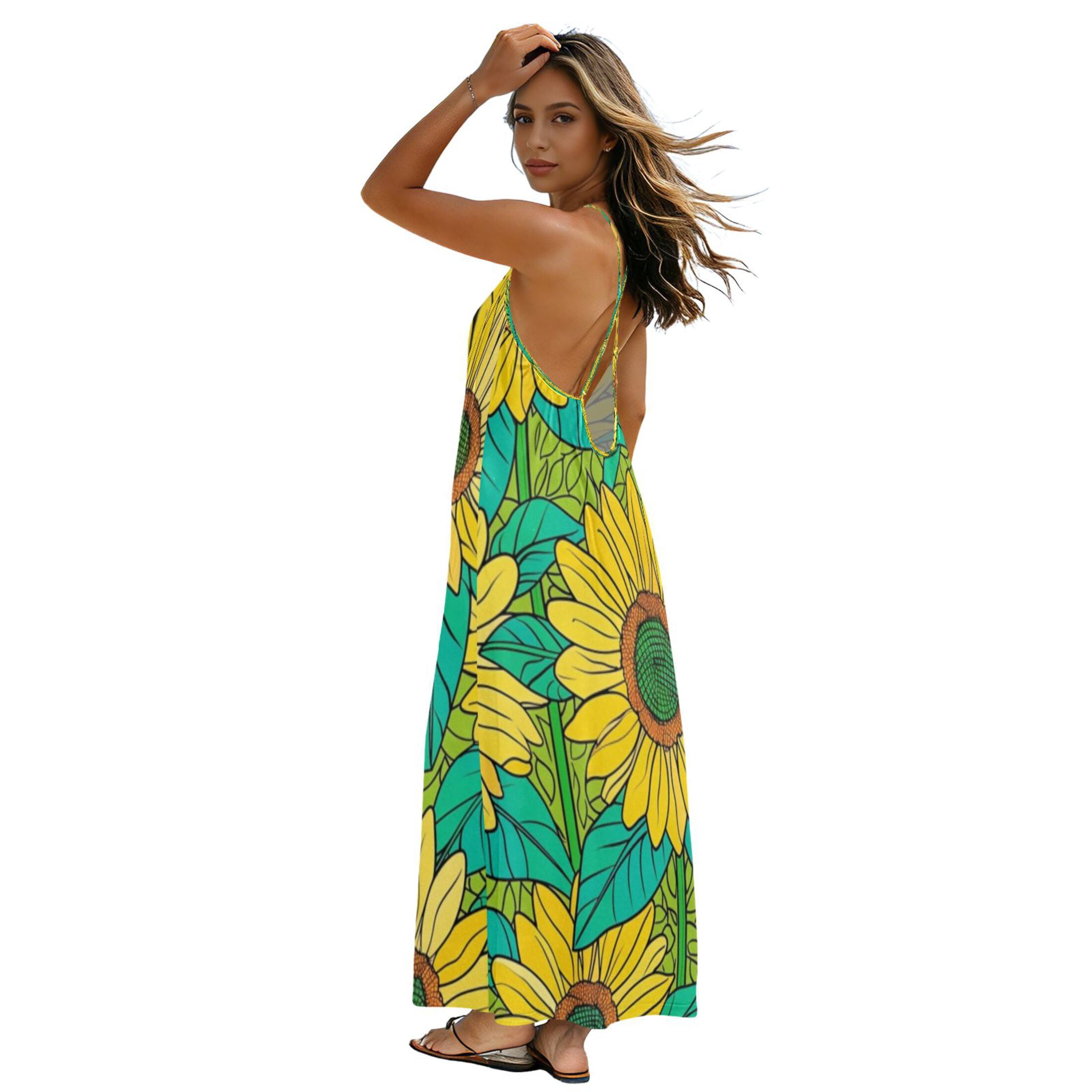 All-Over Print Backless Cross Strap Slip Dress, Loose A-Line Slim Fit ...
