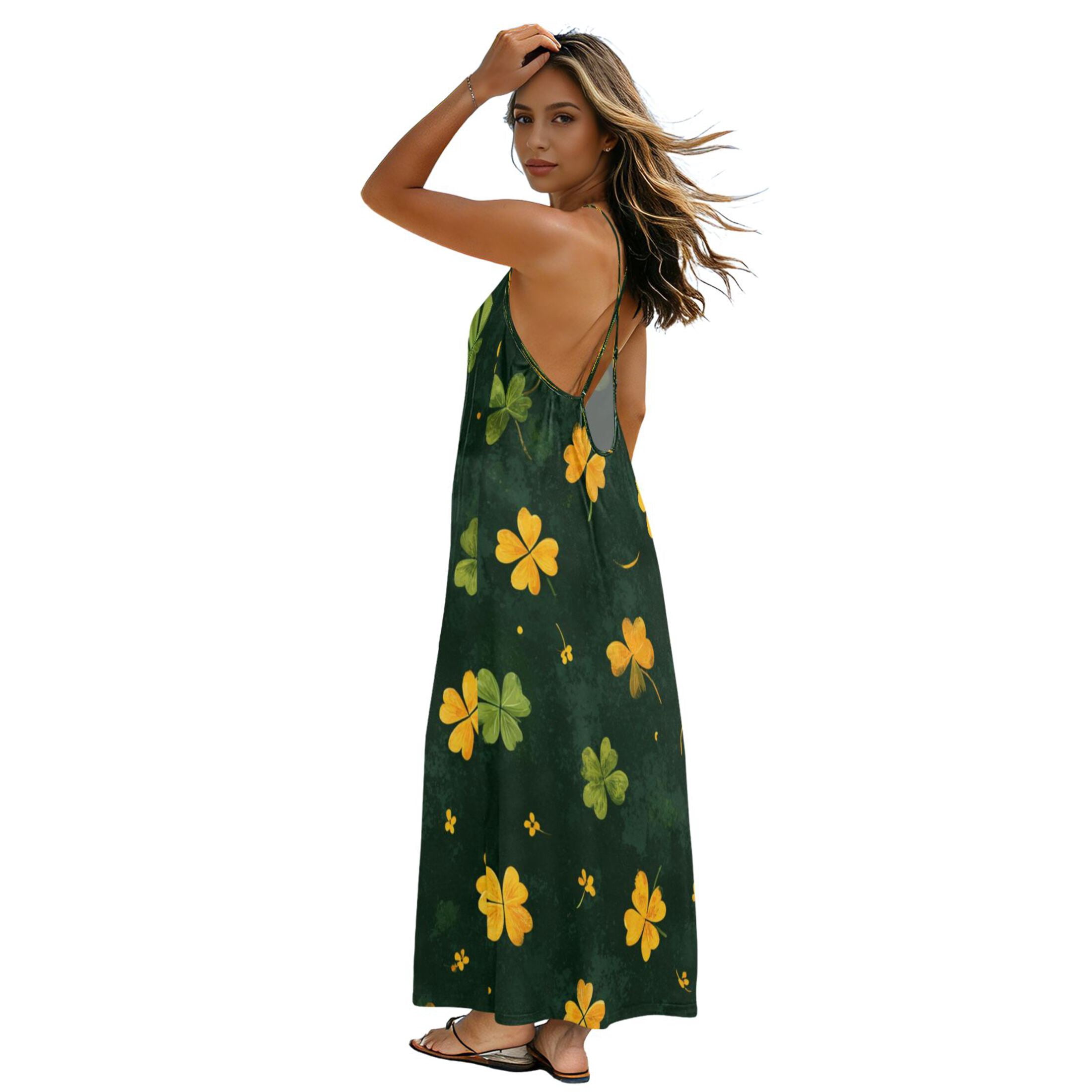 All-Over Print Backless Cross Strap Slip Dress, Loose A-Line Slim Fit ...