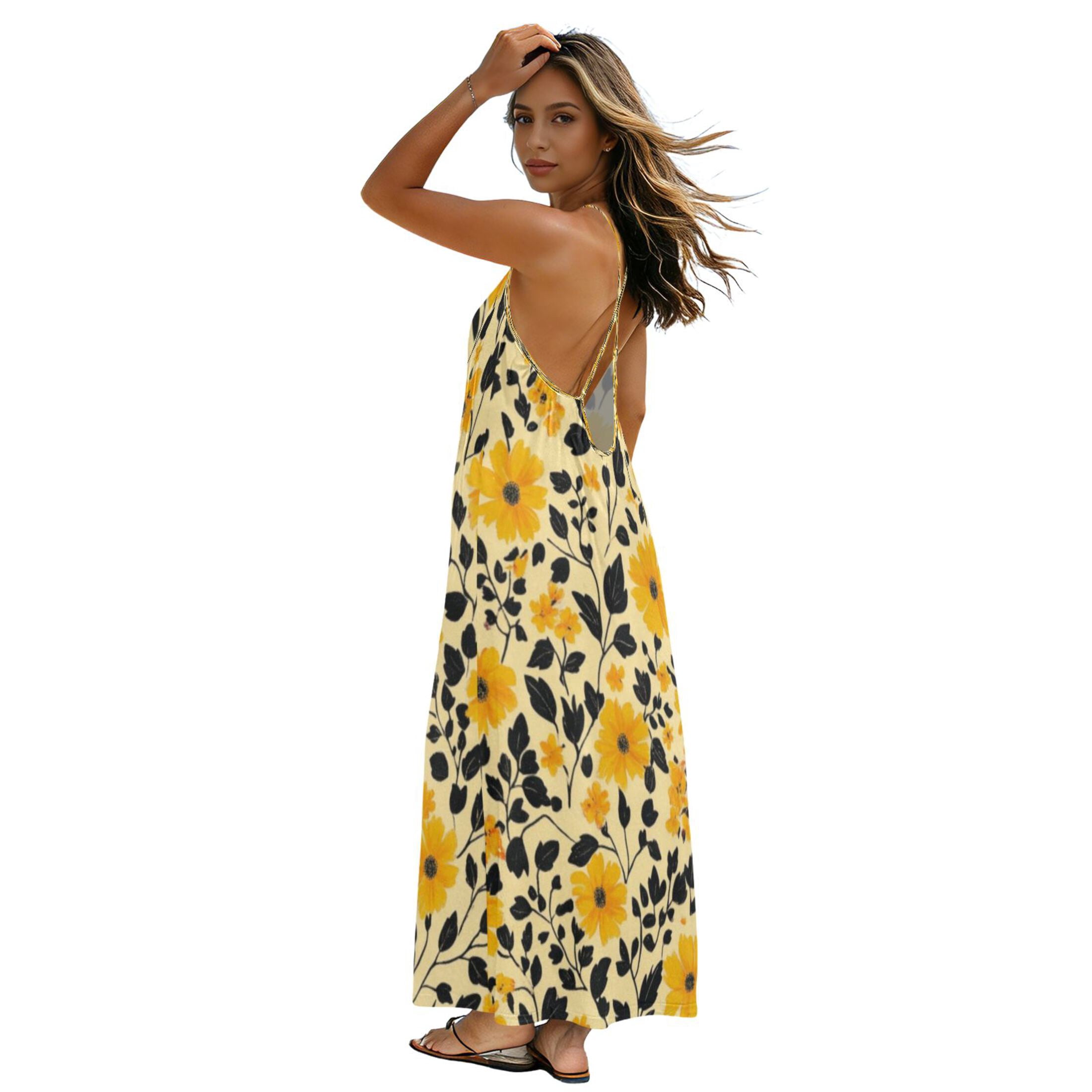 All-Over Print Backless Cross Strap Slip Dress, Loose A-Line Slim Fit ...