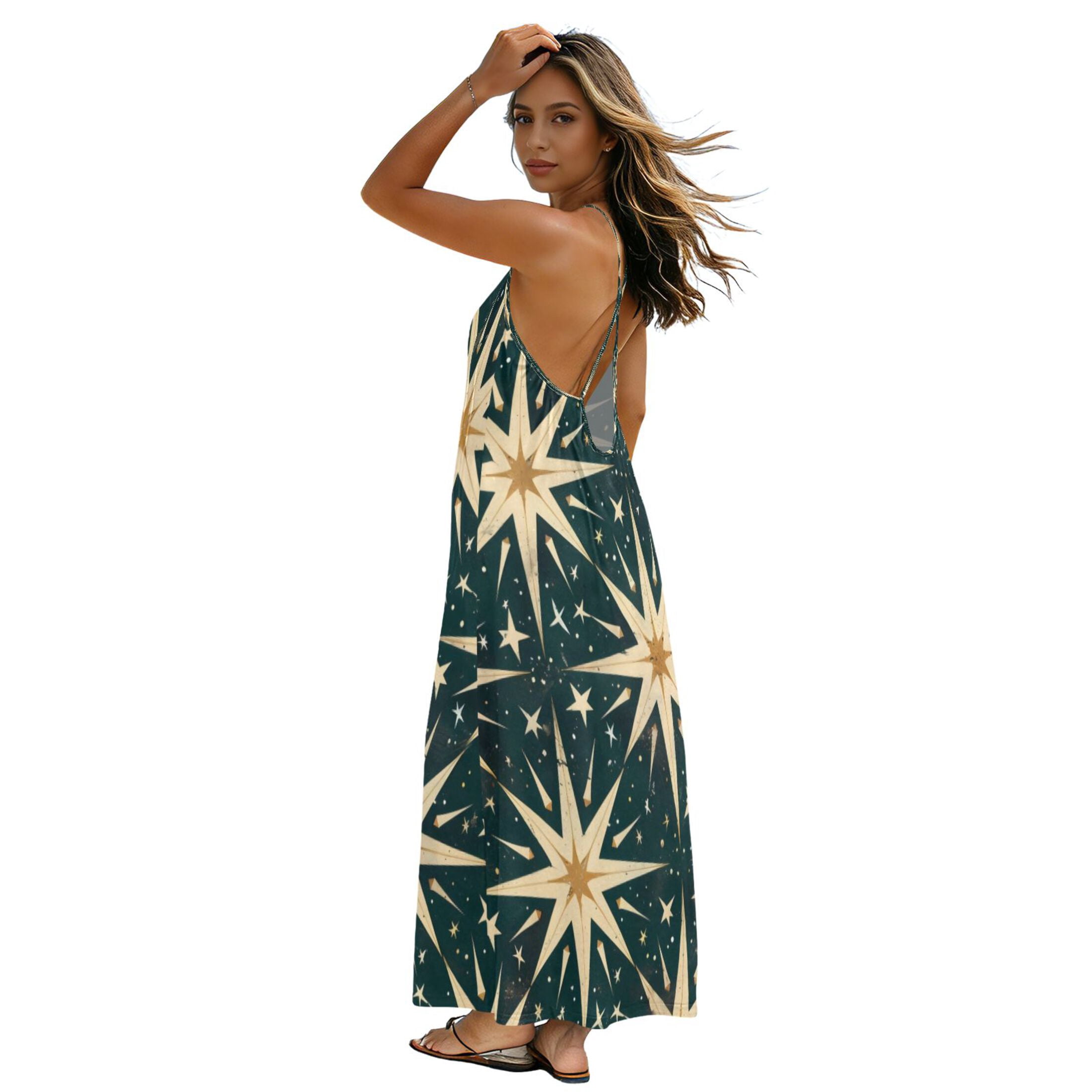 All-Over Print Backless Cross Strap Slip Dress, Loose A-Line Slim Fit ...
