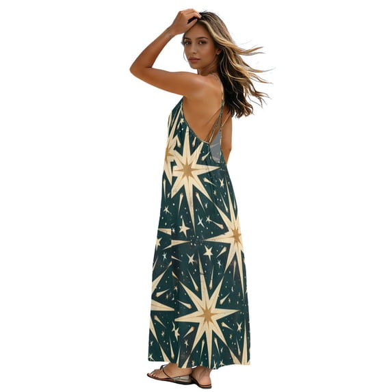 All-Over Print Backless Cross Strap Slip Dress, Loose A-Line Slim Fit ...