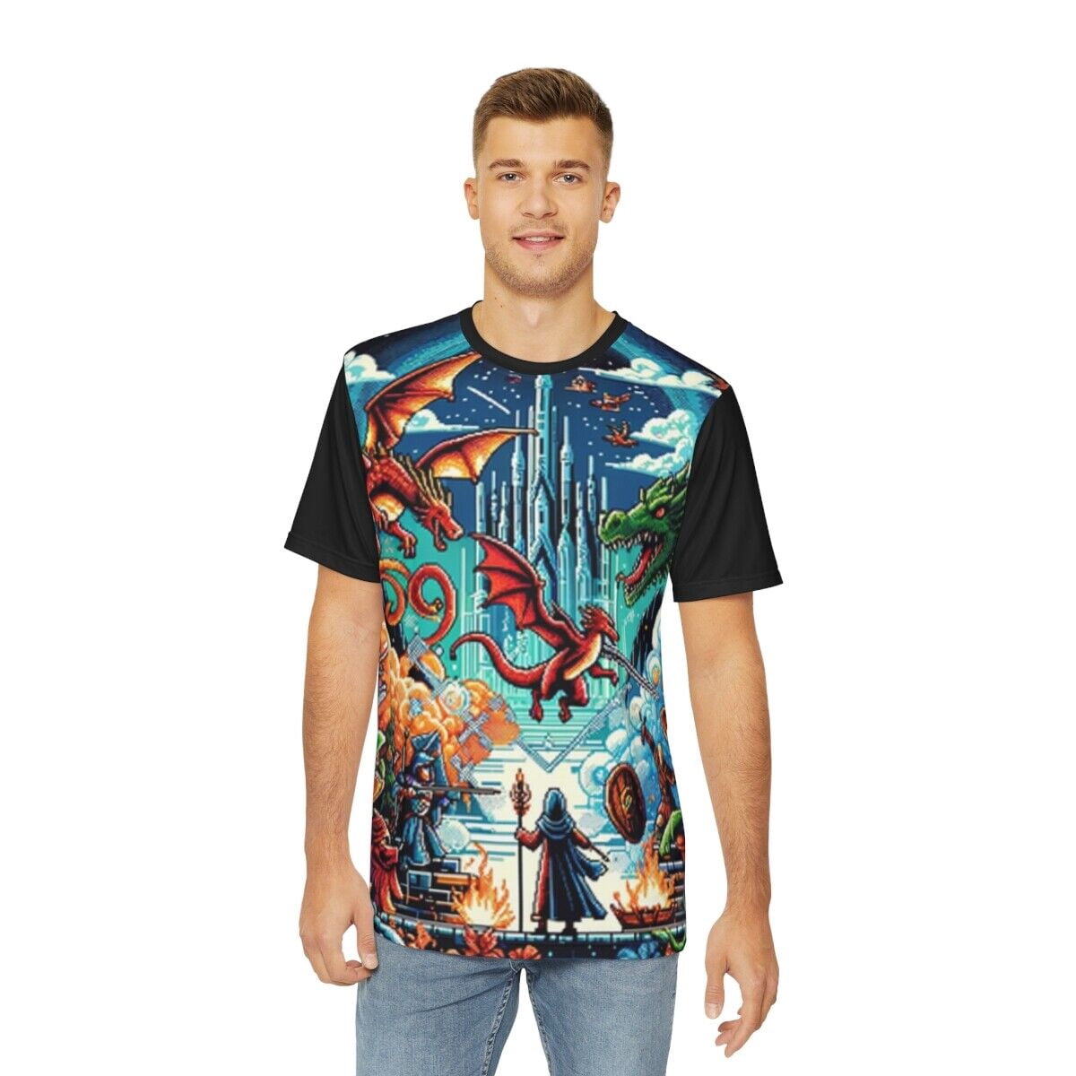 All Over Print Retro Video Game Battle 8-bit Dragon Wizard Quest Magic ...