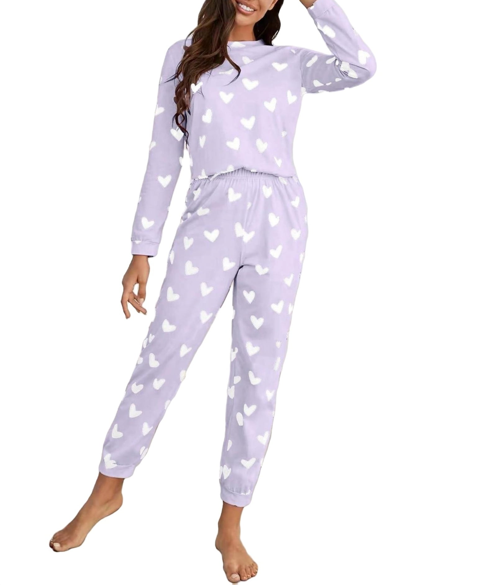 All Over Print Round Neck Pant Sets Long Sleeve Mauve Purple Women ...