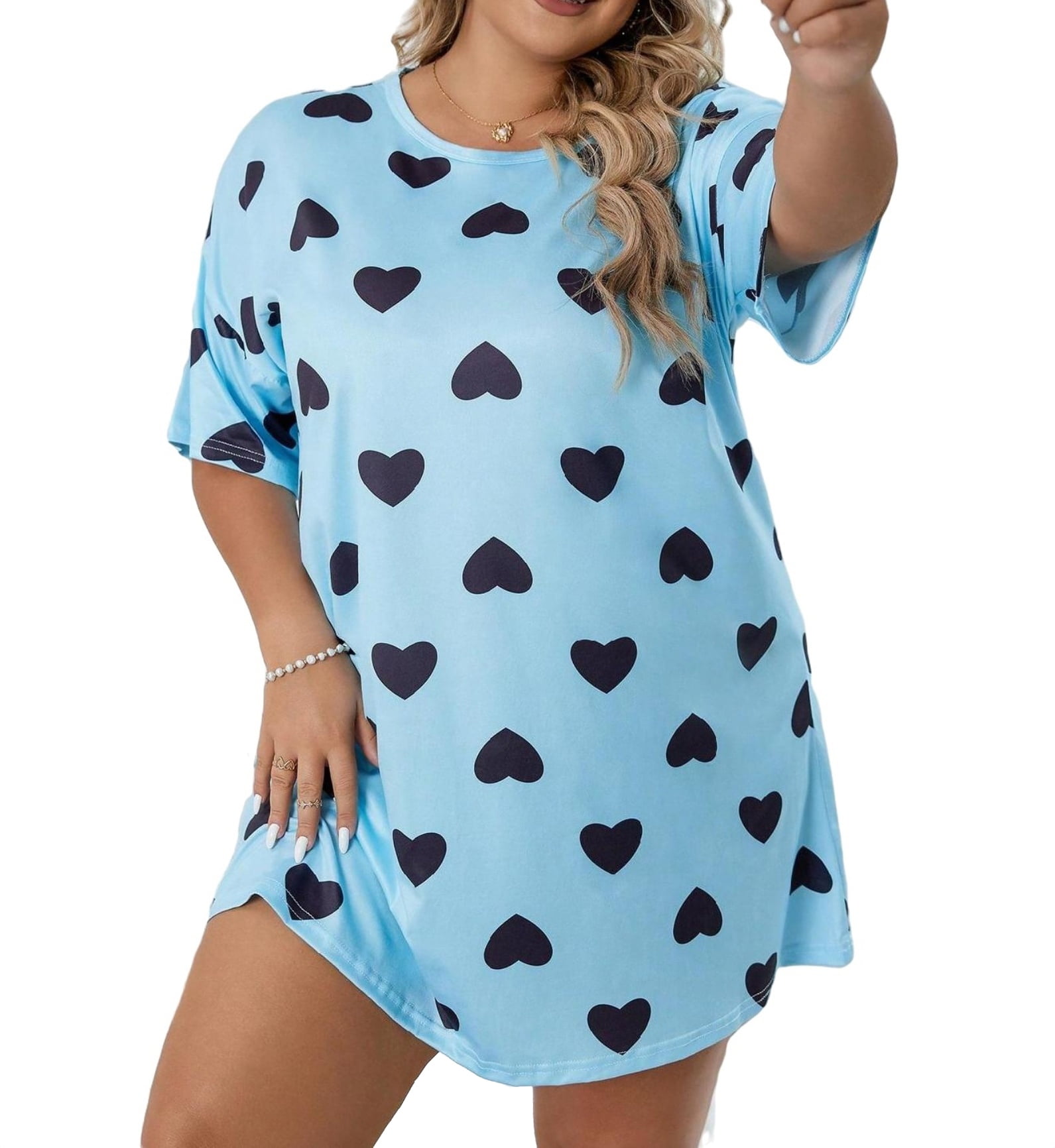 All Over Print Round Neck Sleepshirts Elbow-Length Blue Plus Size ...