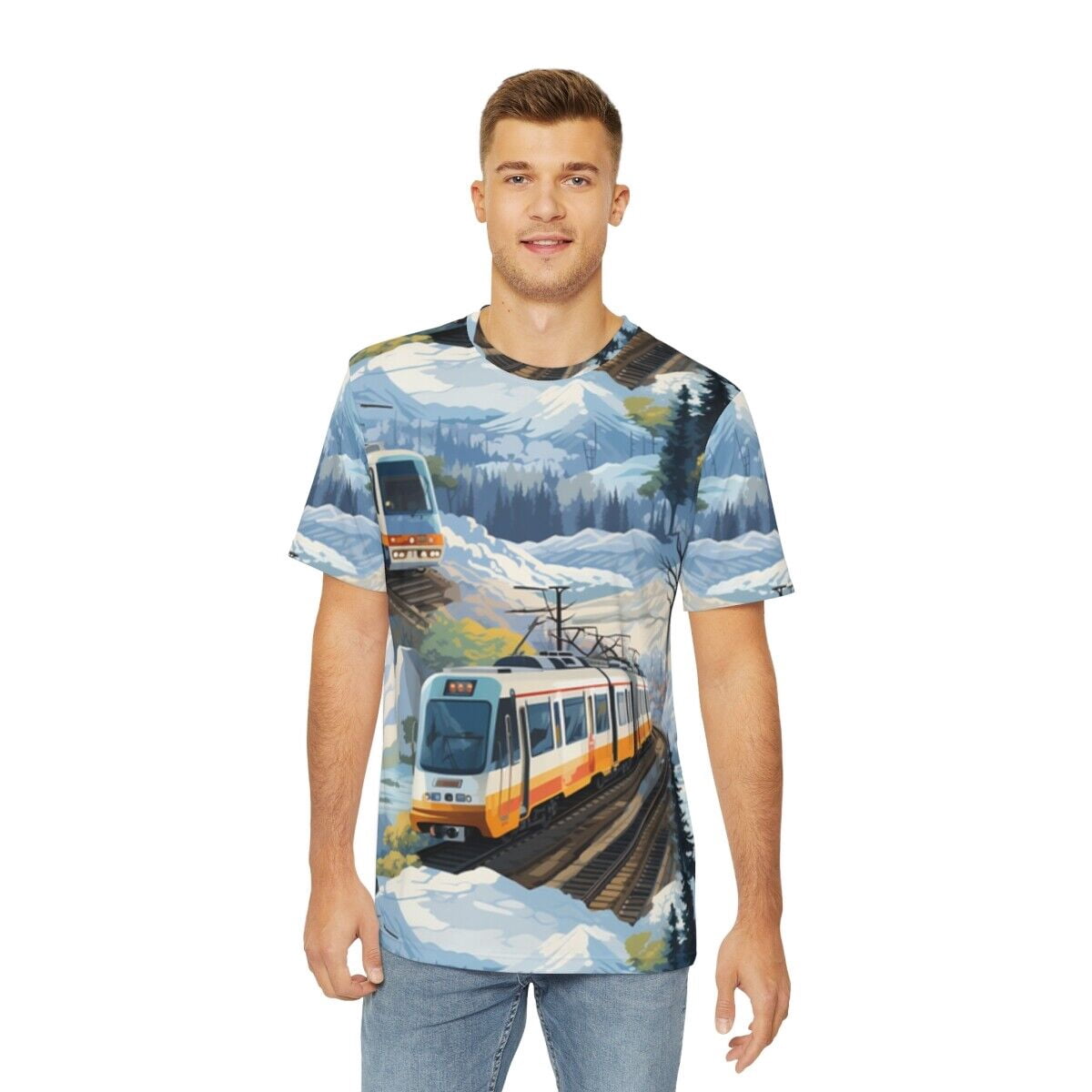 All Over Print Winter Train Scene Art Locomotive Railcar Railroad Snow ...