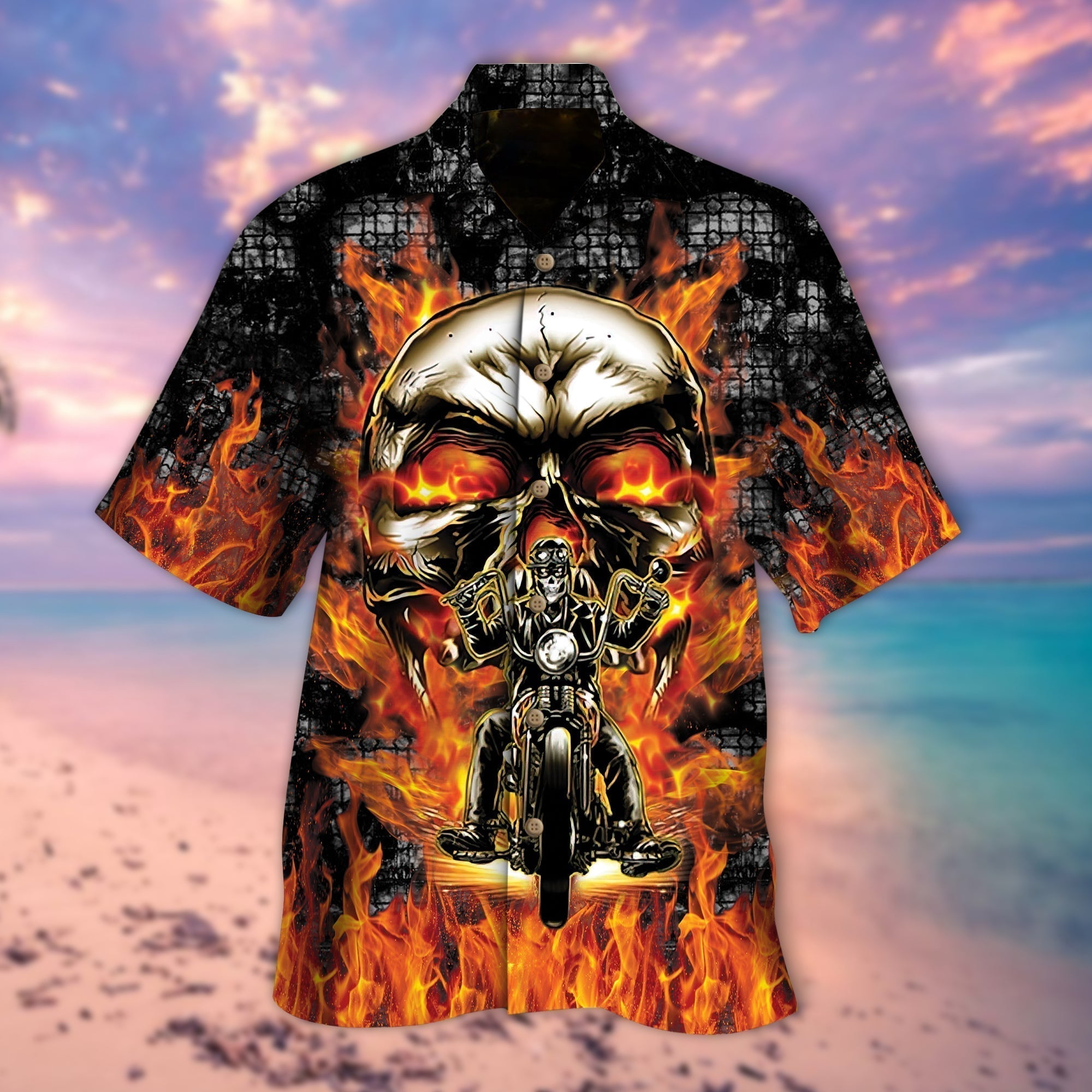 All Over Printed Skull Summer Hawaiian Shirt Ghost Rider Skull Fire ...