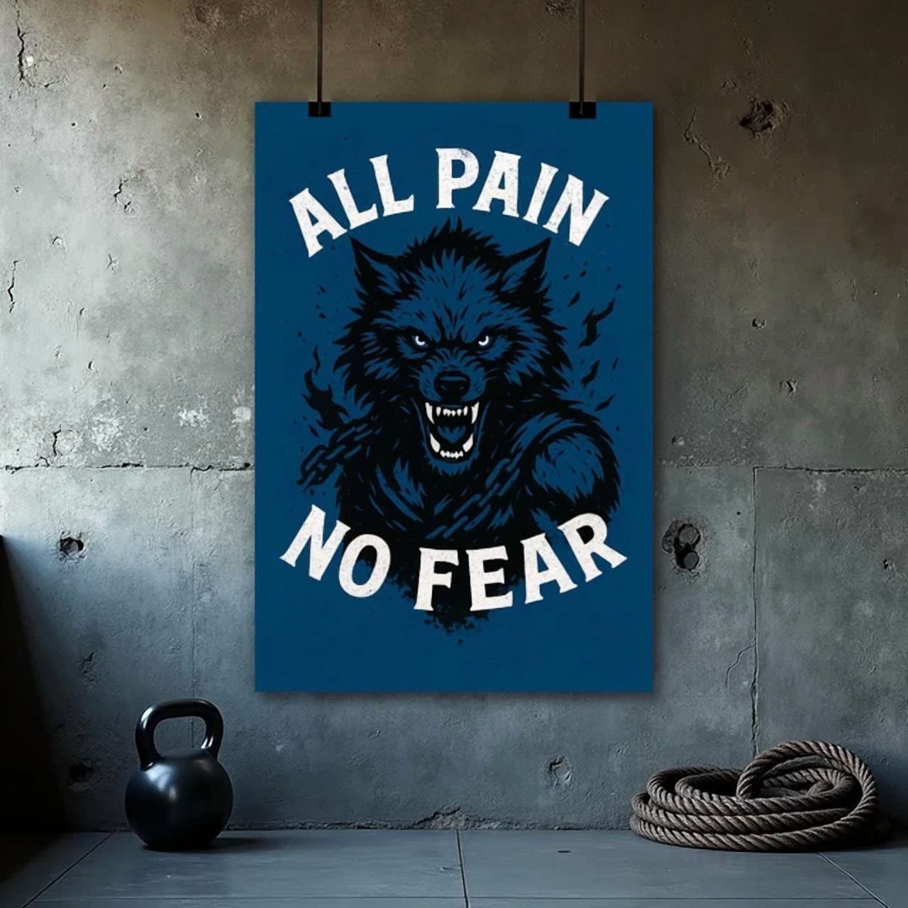 All Pain No Fear Werewolf Poster Motivational Wolf Art Dark Blue Print ...