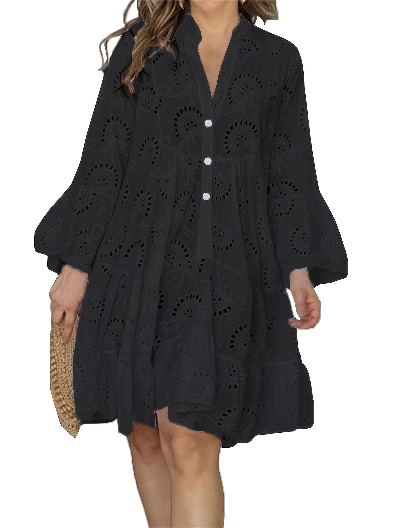 All-Season Chic: Elegant V-Neck Cotton Dress with Flutter Sleeves & Hem ...