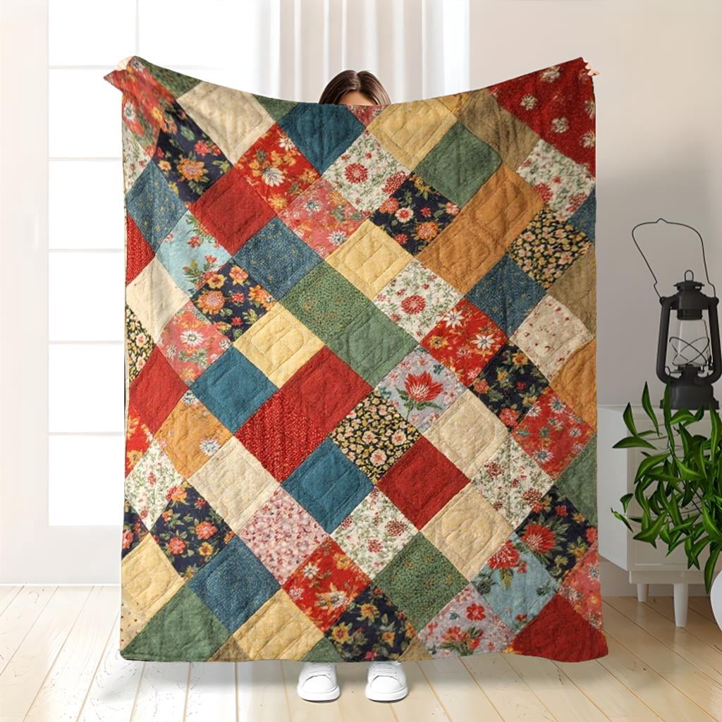 All-Season Cozy Patchwork Quilt - 280gsm Soft Lightweight Polyester Throw Blanket with Vibrant ...