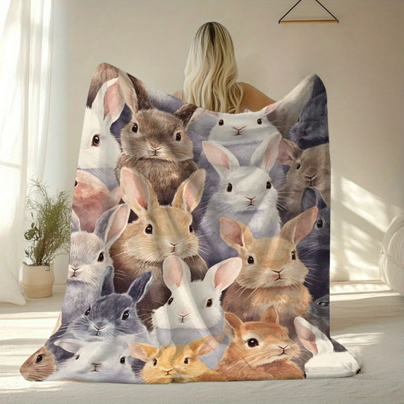 All-Season Flannel Blanket | Multi-Color Bunny Pattern | 100% Polyester ...